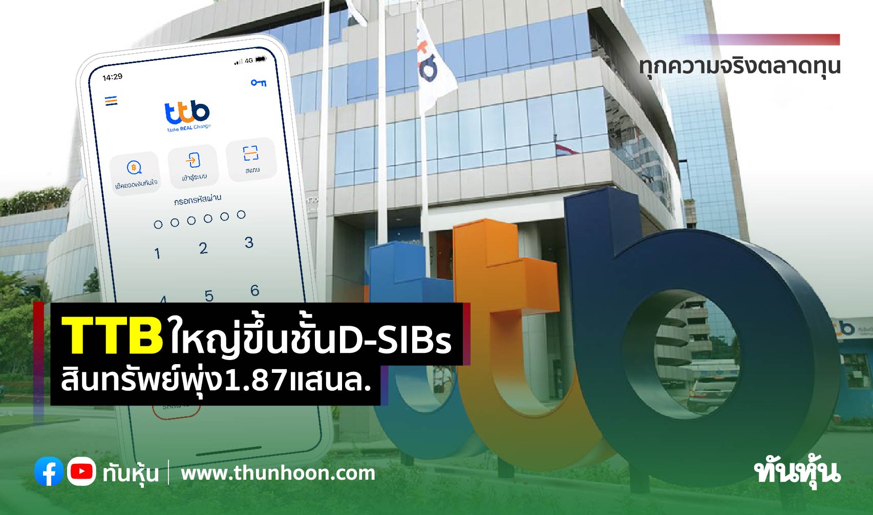 TTBใหญ่ขึ้นชั้นD-SIBs สินทรัพย์พุ่ง1.87แสนล.
