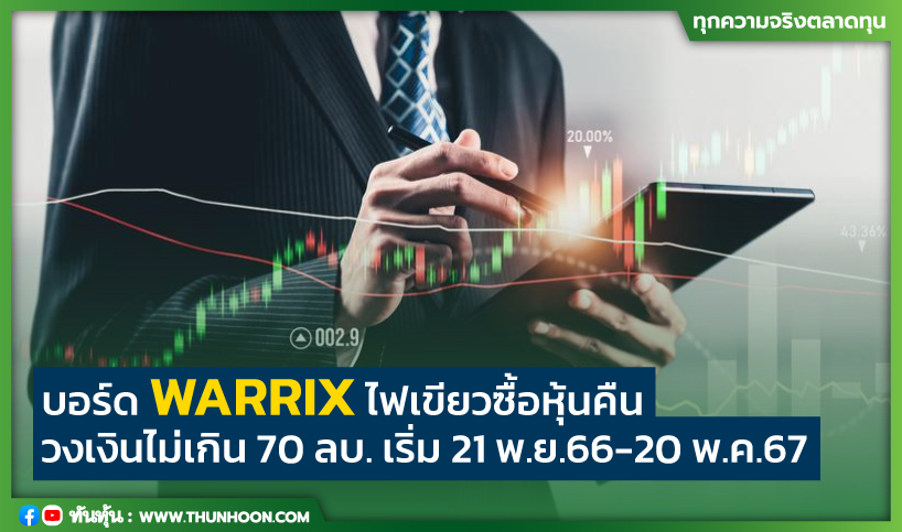 บอร์ด WARRIX ไฟเขียวซื้อหุ้นคืนวงเงินไม่เกิน 70 ลบ. เริ่ม 21 พ.ย.66-20 พ.ค.67