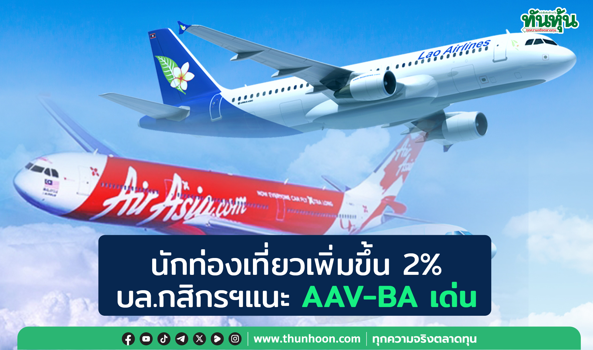 นักท่องเที่ยวเพิ่มขึ้น 2% บล.กสิกรฯแนะ AAV-BA เด่น