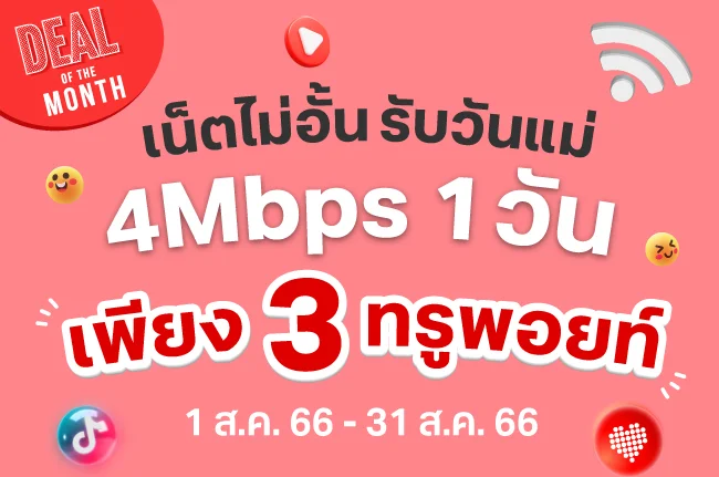 ประหยัด 32.- เน็ตไม่อั้น 4Mbps 1วัน ใช้ทรูพอยท์ 3 คะแนน